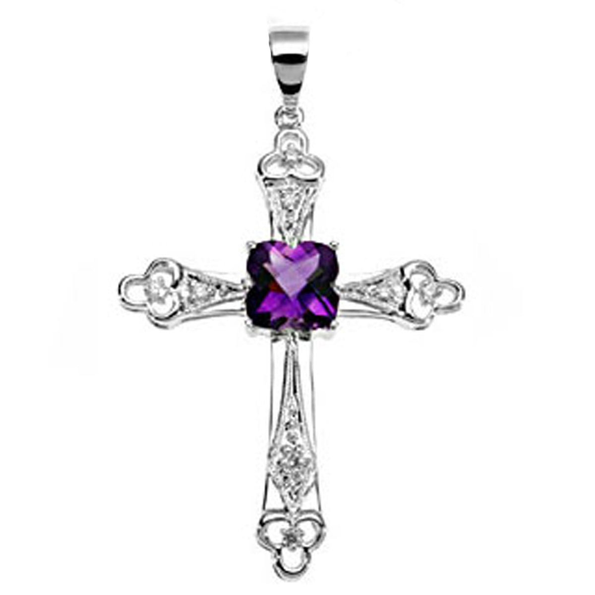 14k White Gold Clover Shape Amethyst and Diamond Cross Pendant – Luxury ...